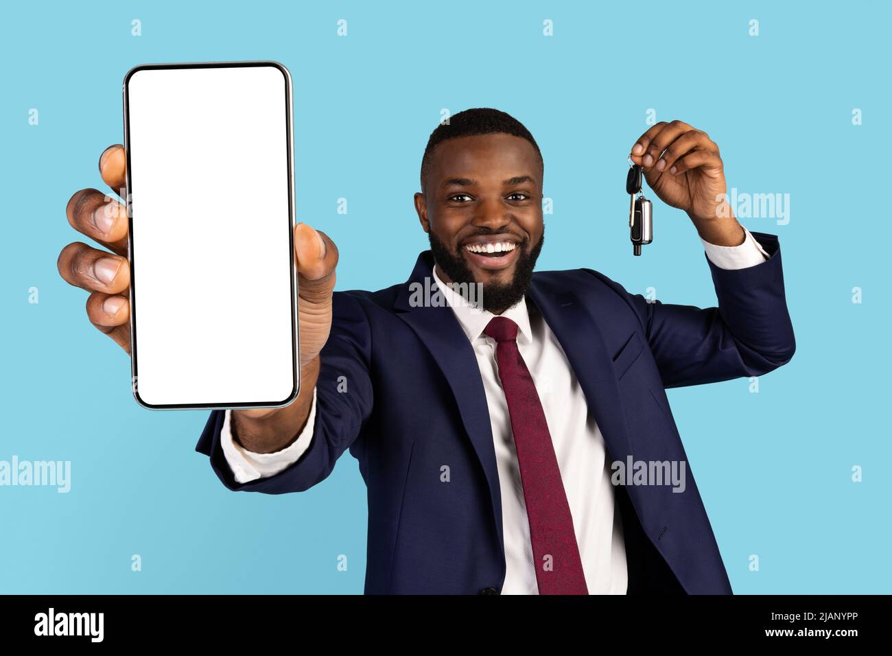 Car Rental. Happy Black Businessman Showing Blank Smartphone And ...