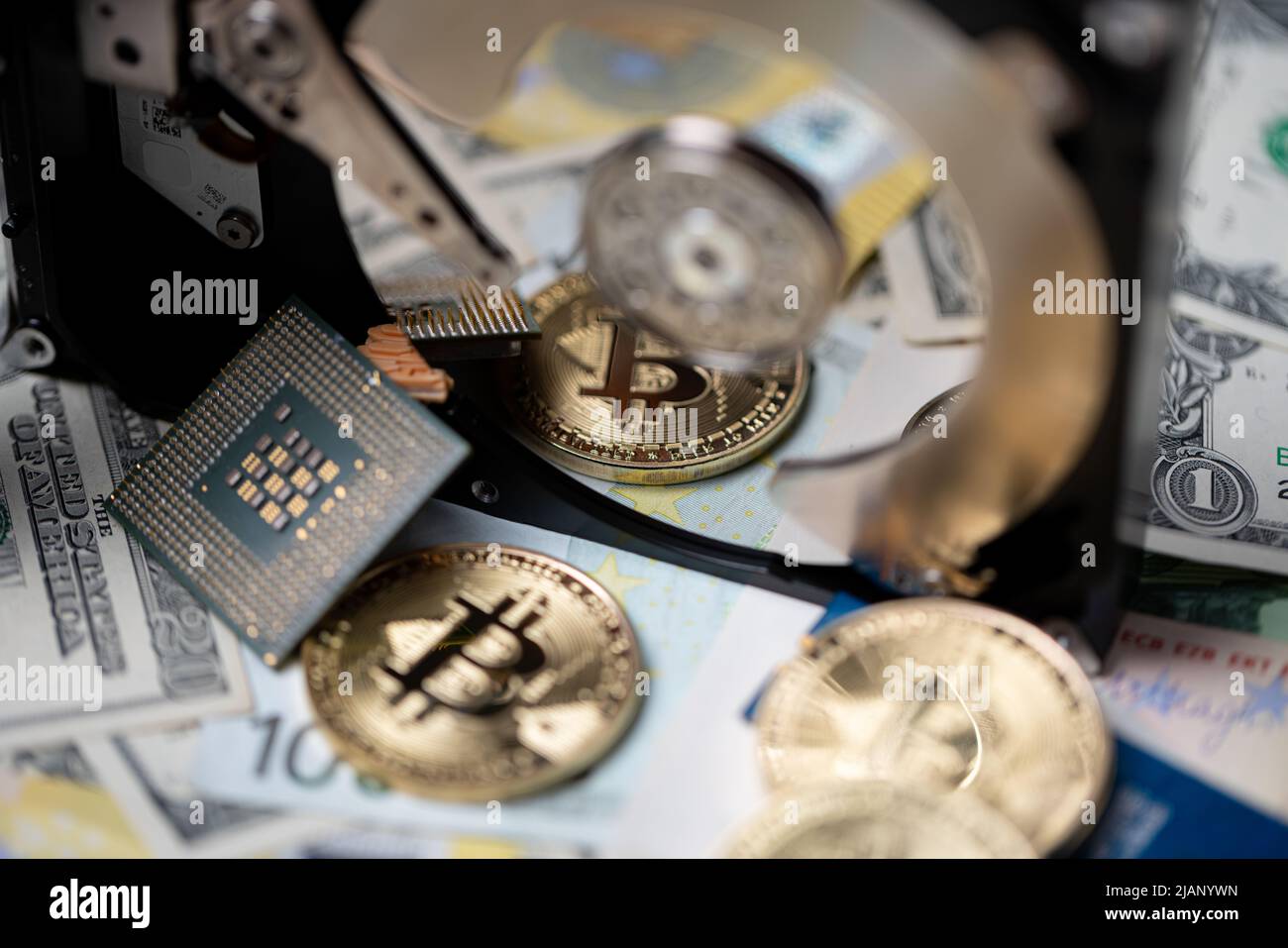 Bitcoin reflection on hard drive platter. Reflective storage device ...