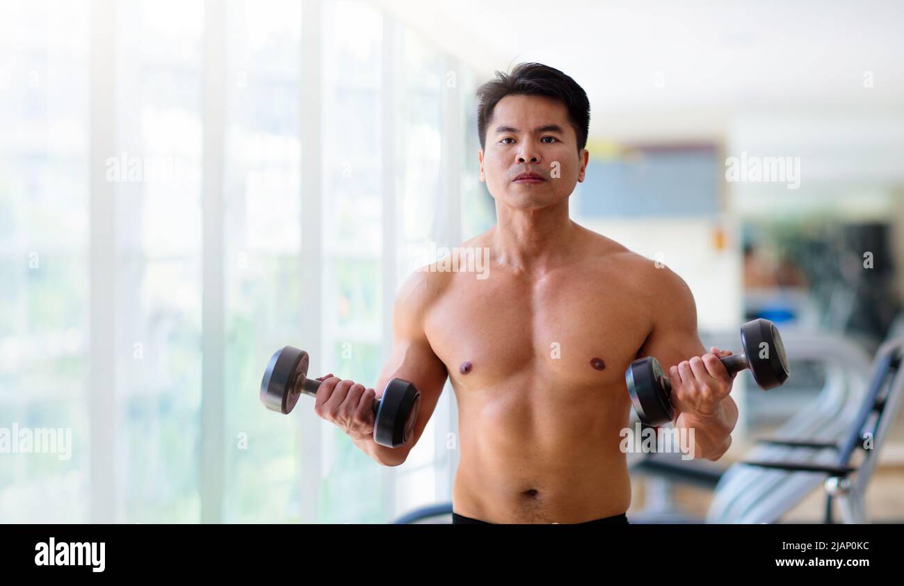 Man exercising in gym. Asian bodybuilder lifting weights. Sport and ...