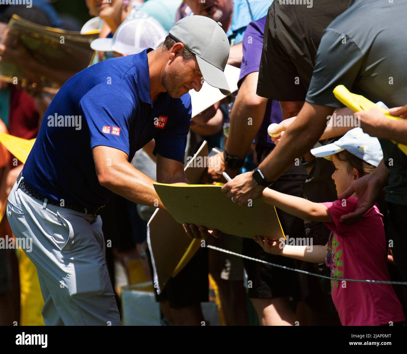 Dublin, Ohio, USA. 31st May, 2020. Adam Scott (AUS) signs an autograph ...