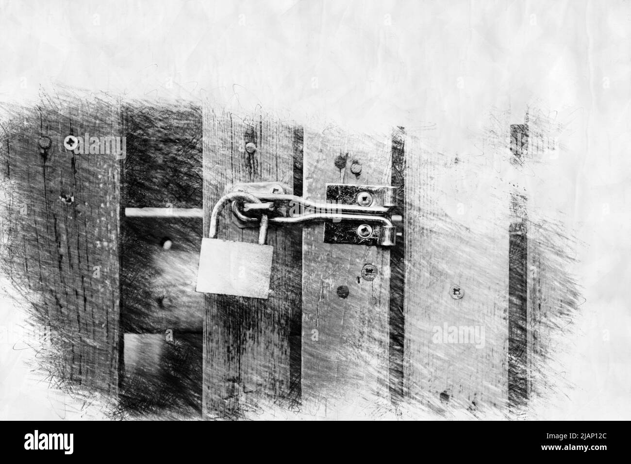 old wooden fence with a lock in pencil drawing style Stock Photo - Alamy