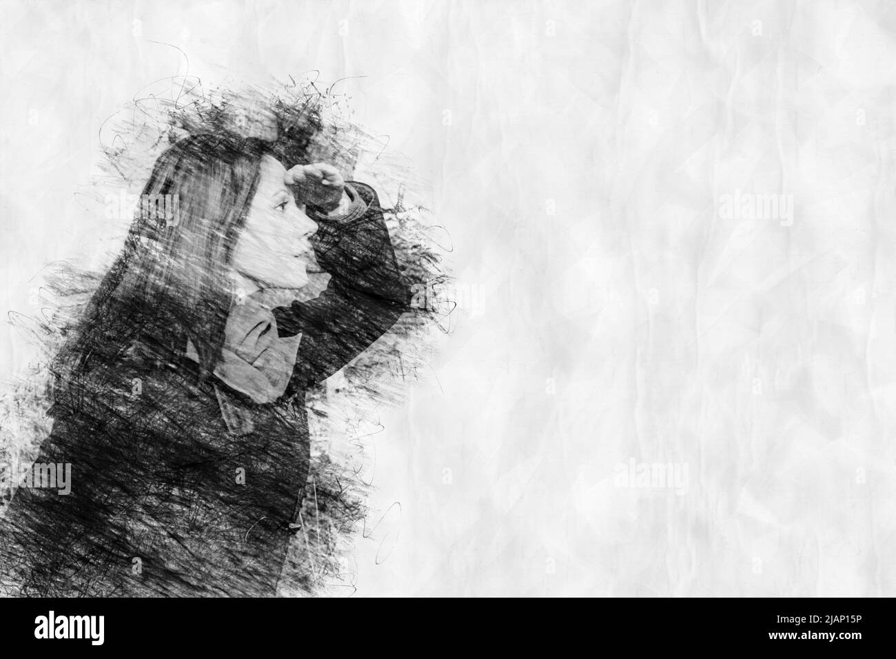 young woman looking at something in pencil drawing style Stock Photo ...