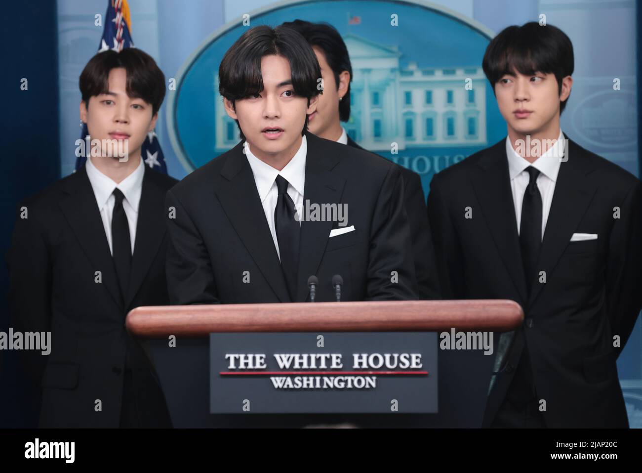 Band members from South Korean boy band BTS, also known as the Bangtan ...