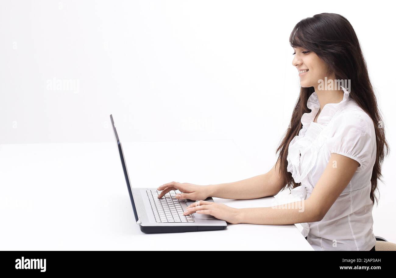 young woman typing text on laptop keyboard Stock Photo - Alamy