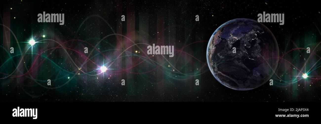 Planet Earth in space and waves pattern on a starry night sky. Elements ...