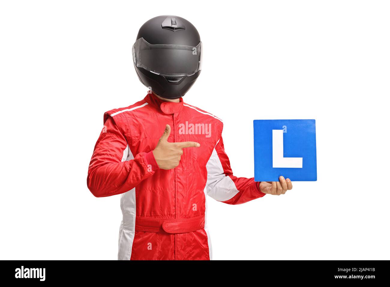 Racer with a black helmet holding a learner plate for drivers and ...
