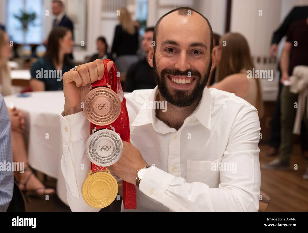 Canadian Olympian Steven Dubois displays his three short track ...