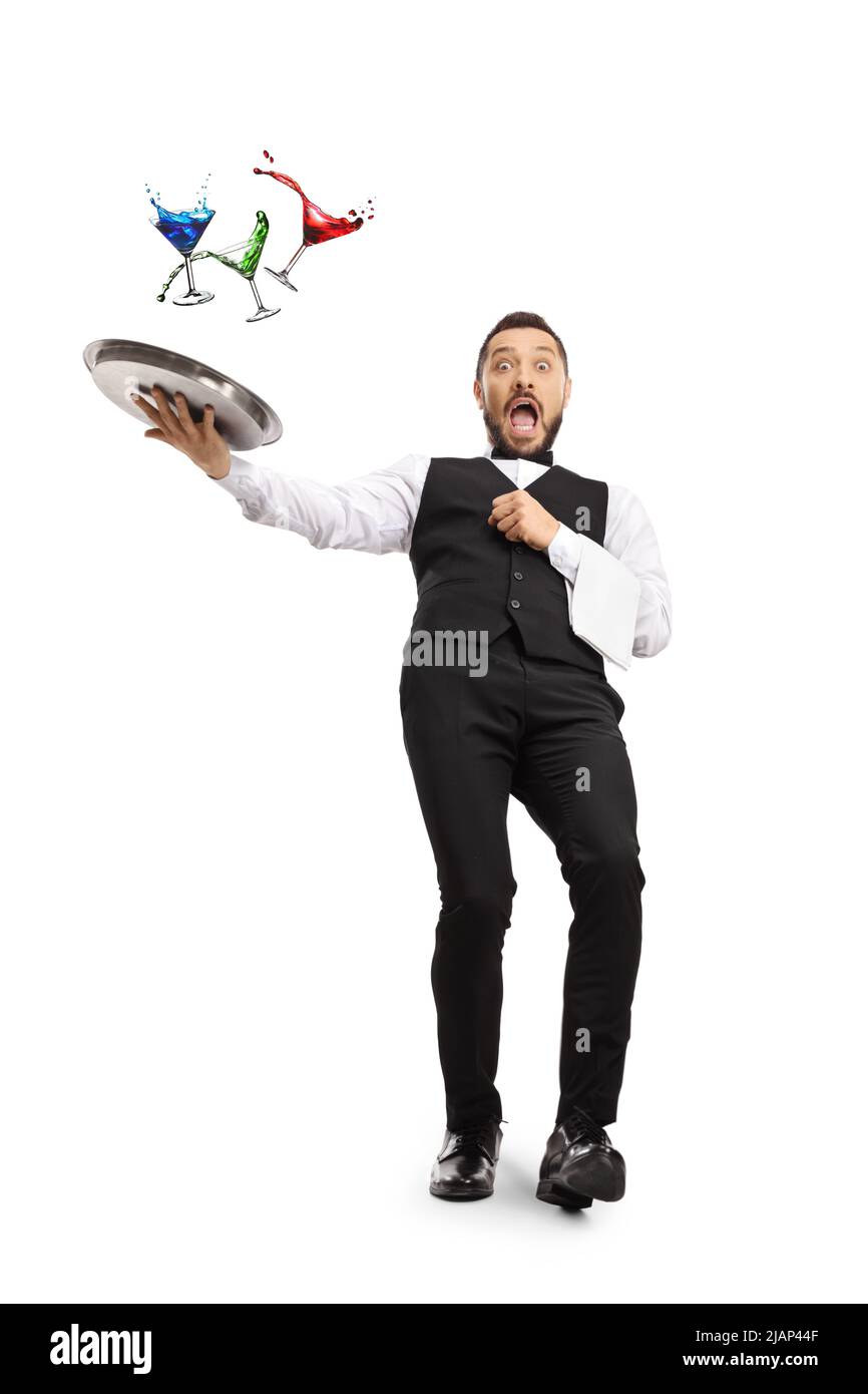 Shocked waiter with cocktails on a tray falling isolated on white ...