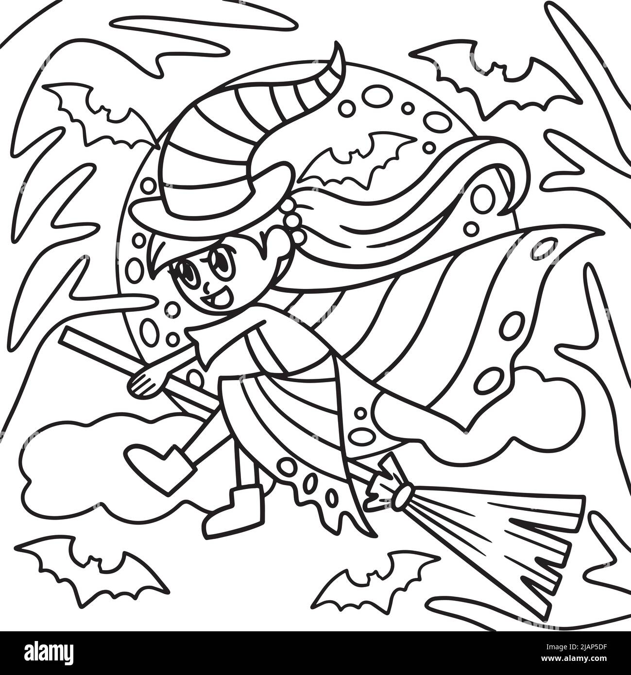 Witch Riding On A Broom Halloween Coloring Page Stock Vector Image ...