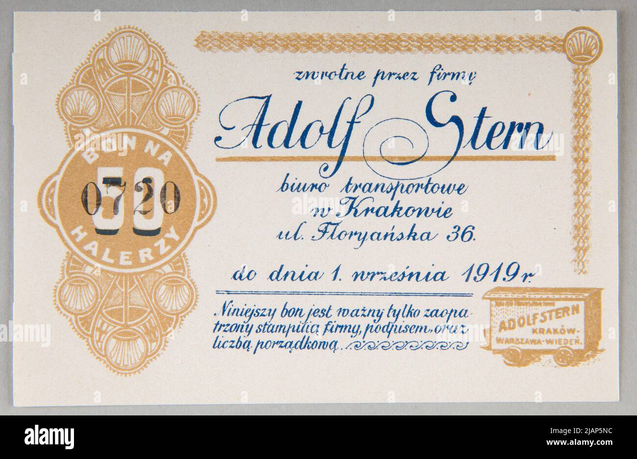 Bon for 50 Halers, Adolf Stern, transport office, ul. Floriańska 36 ...
