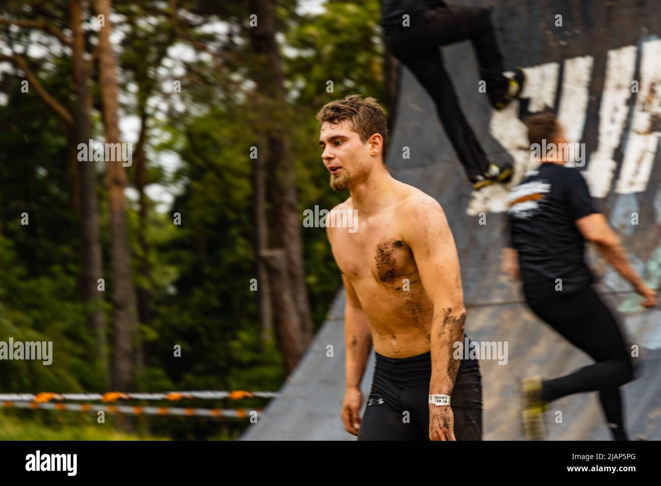 Poznan, Poland - June 2021: An hard extreme obstacle course Survival Race at rainy day Stock ...