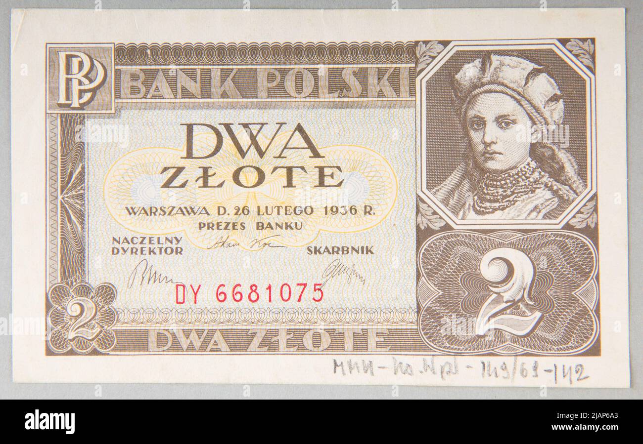 Banknote for 2 zlotys, the Republic of Poland (1918–1939), Bank Polski ...
