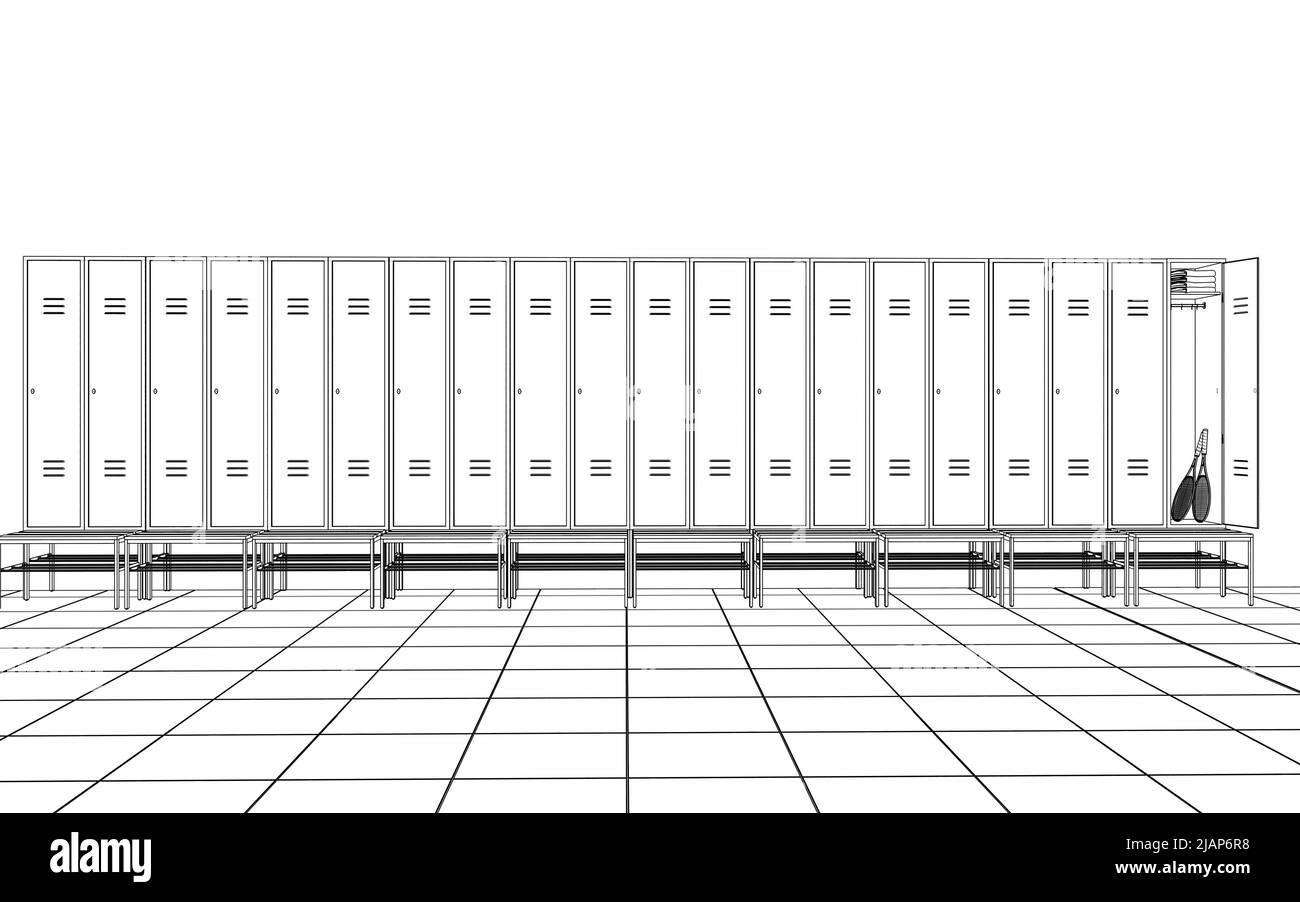 Sports locker room, 3d render, sketch, outline Stock Photo - Alamy