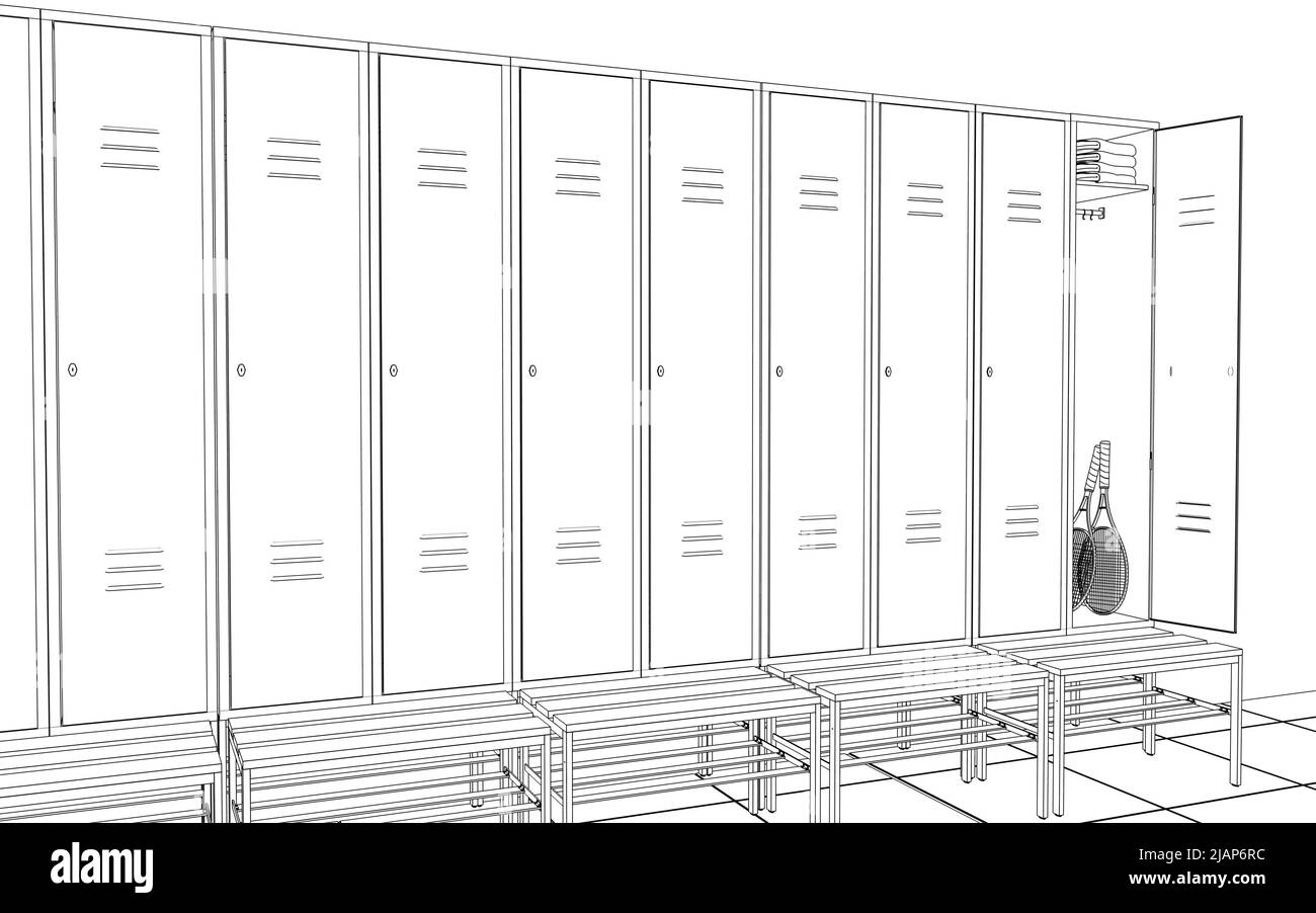 Sports locker room, 3d render, sketch, outline Stock Photo - Alamy