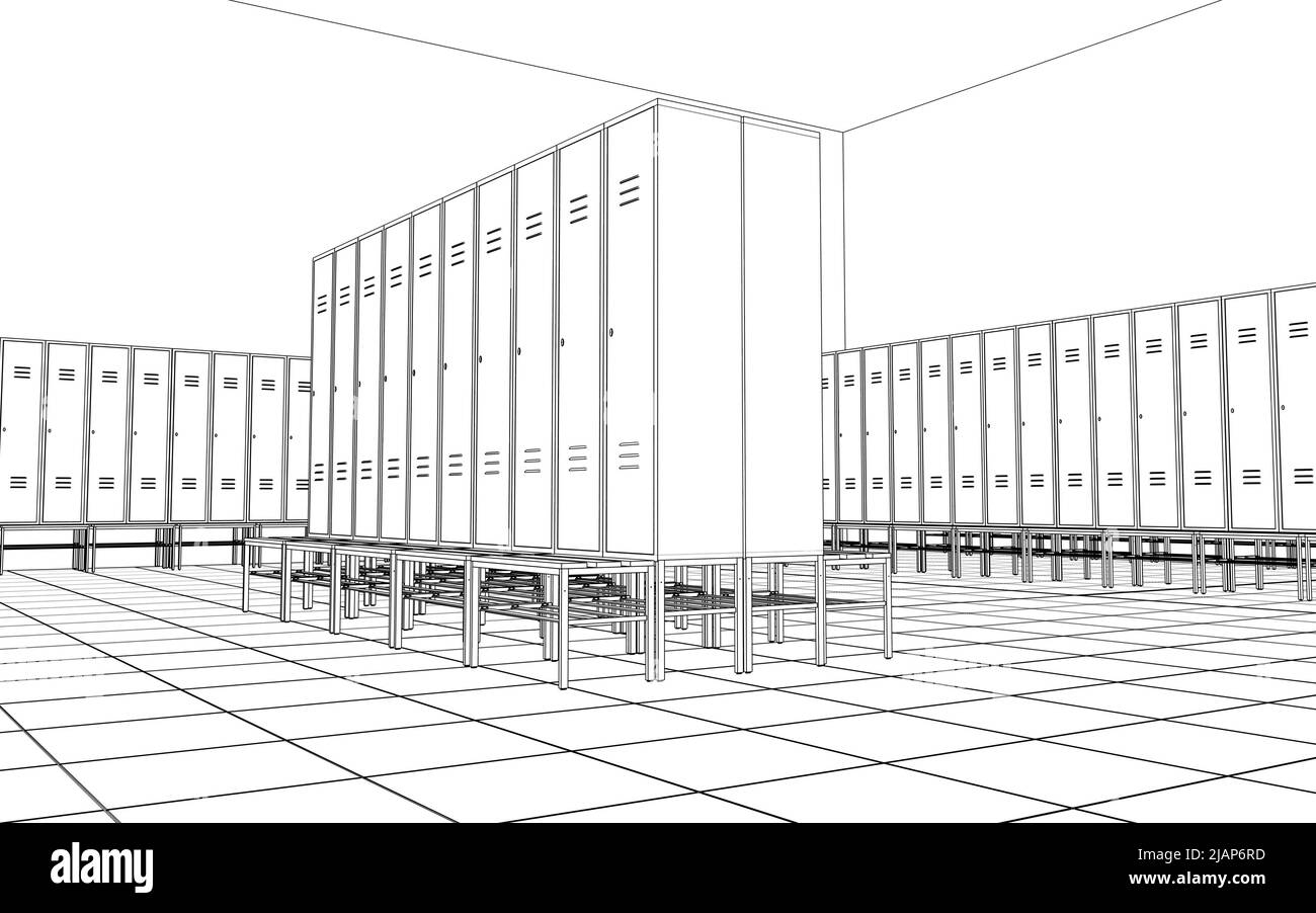 Sports locker room, 3d render, sketch, outline Stock Photo - Alamy