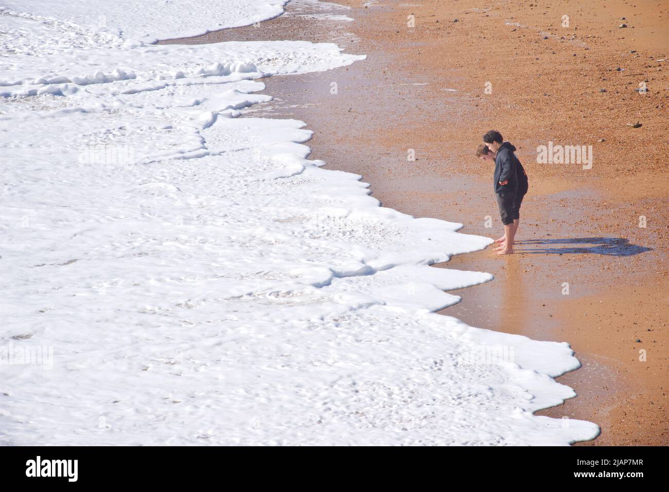 Brighton beach. A sunny March day. People on the beach and shoreline ...