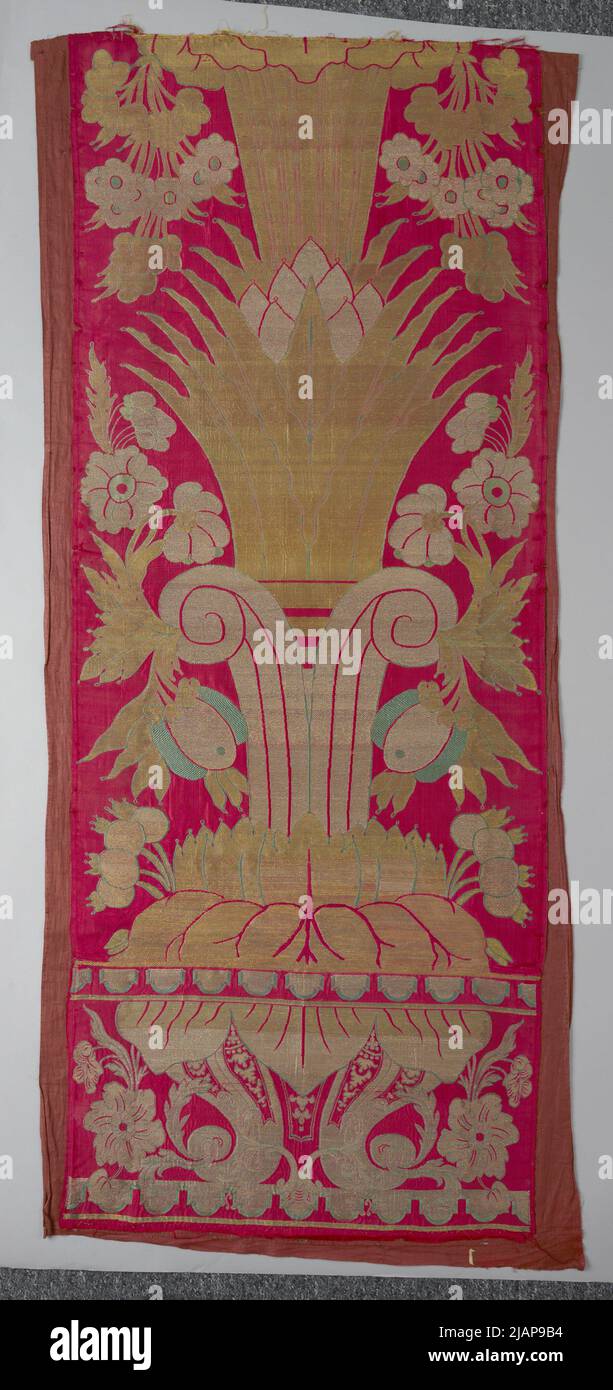 Silk fabric motif of a column with flower forms growing out of it ...