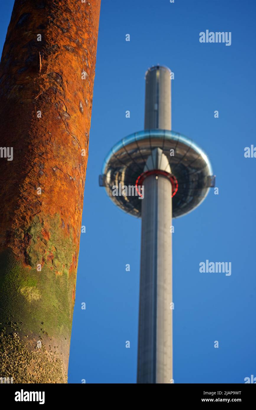 The i360 pod rising up its supporting tower, Brighton. Structural pylon ...