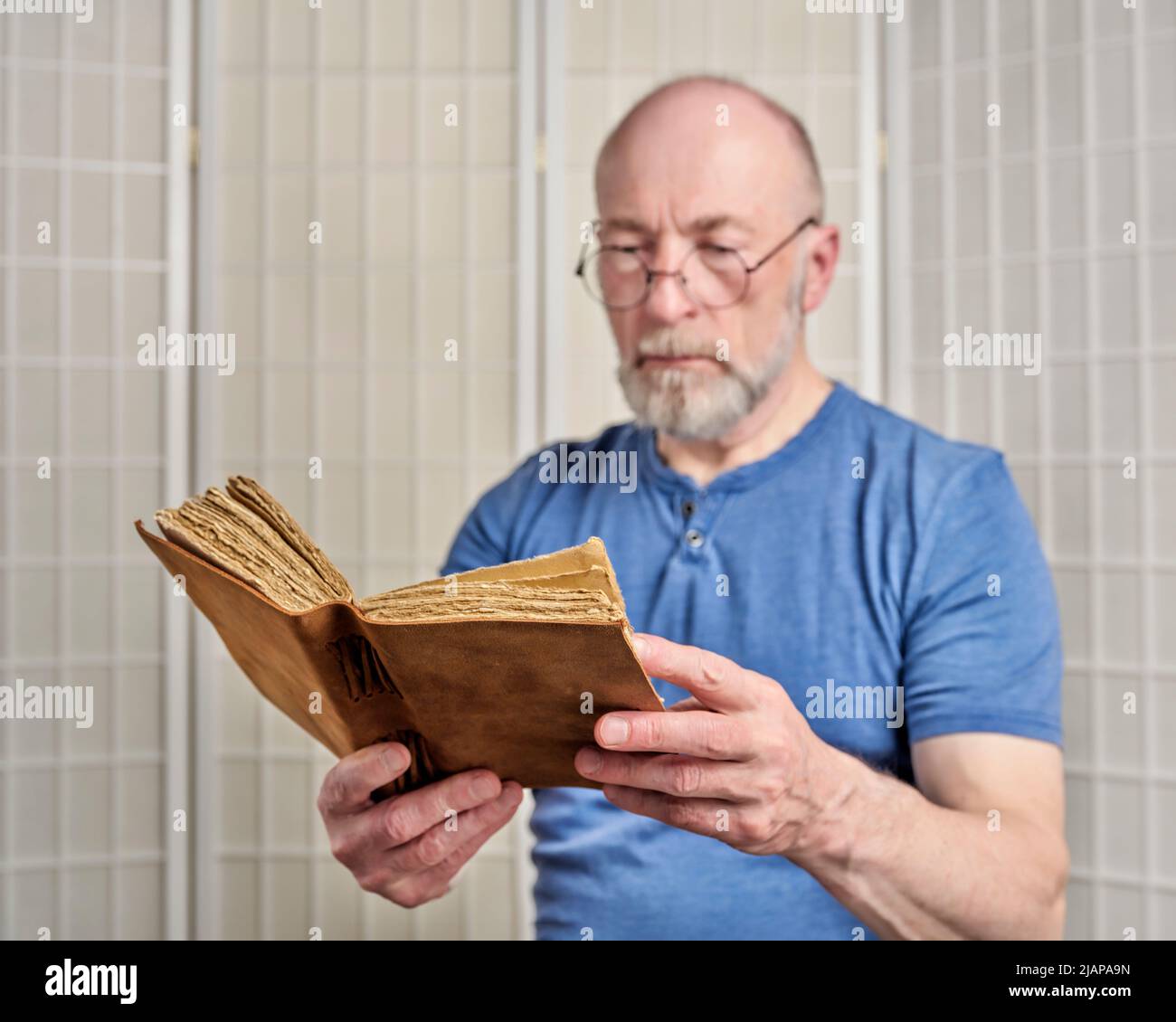 senior man is reading an old book or journal, focus on a book Stock ...