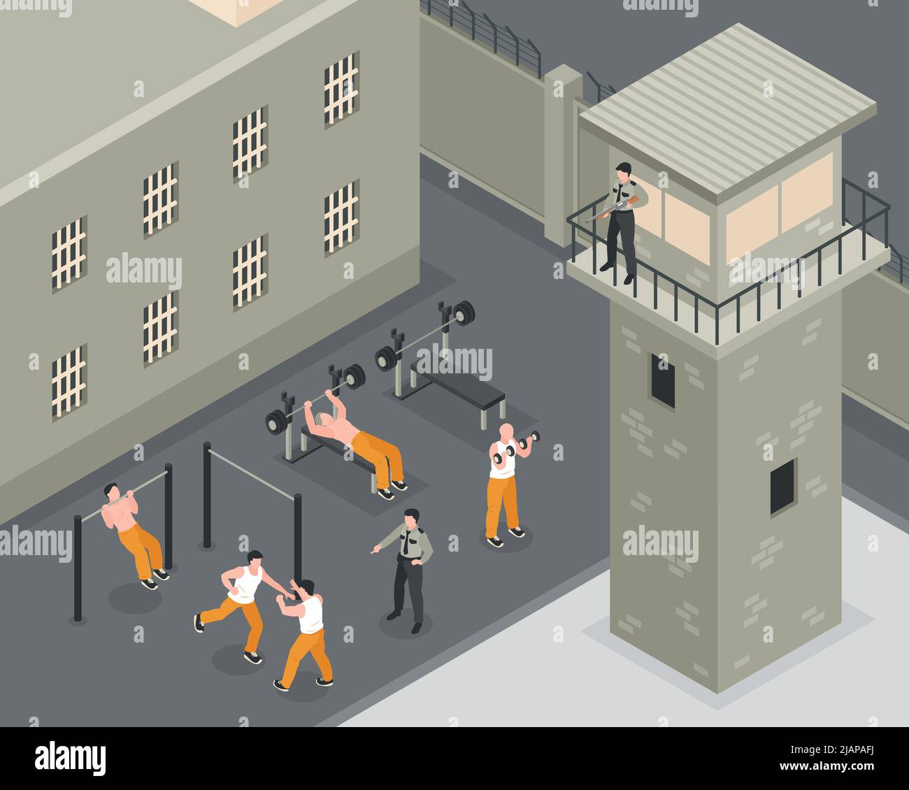 Prison isometric background with warden watching sports activity of ...