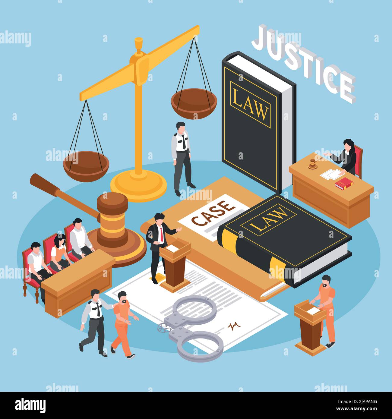 Justice isometric background with judge hammer justice scales handcuffs ...