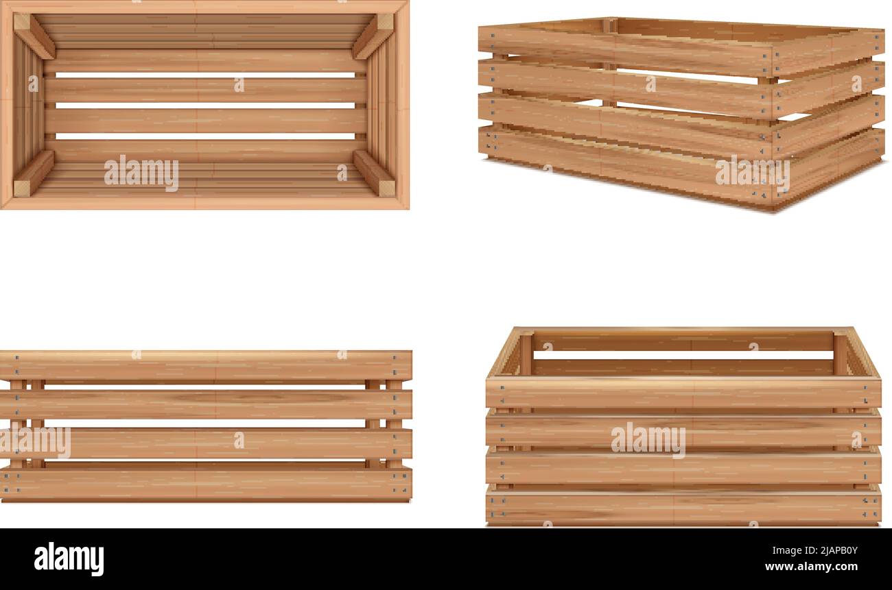 Wooden boxes realistic set of four isolated images with box from ...