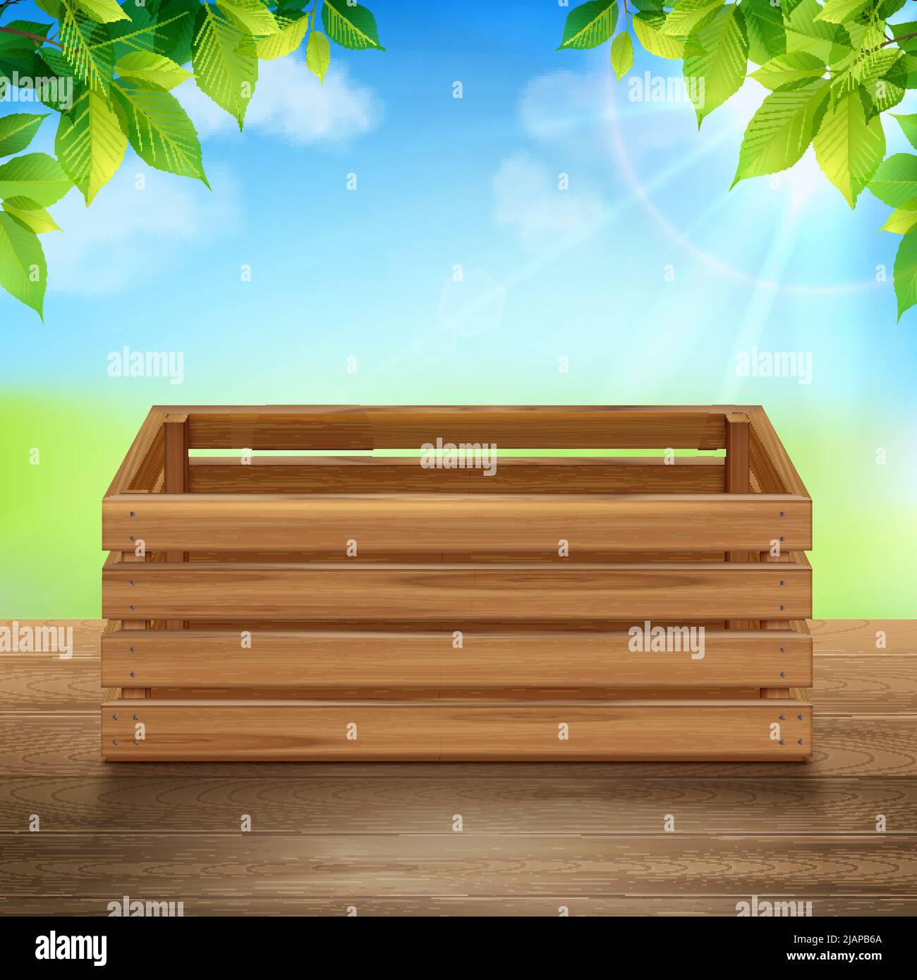 Wooden boxes realistic composition with outdoor scenery with fresh ...