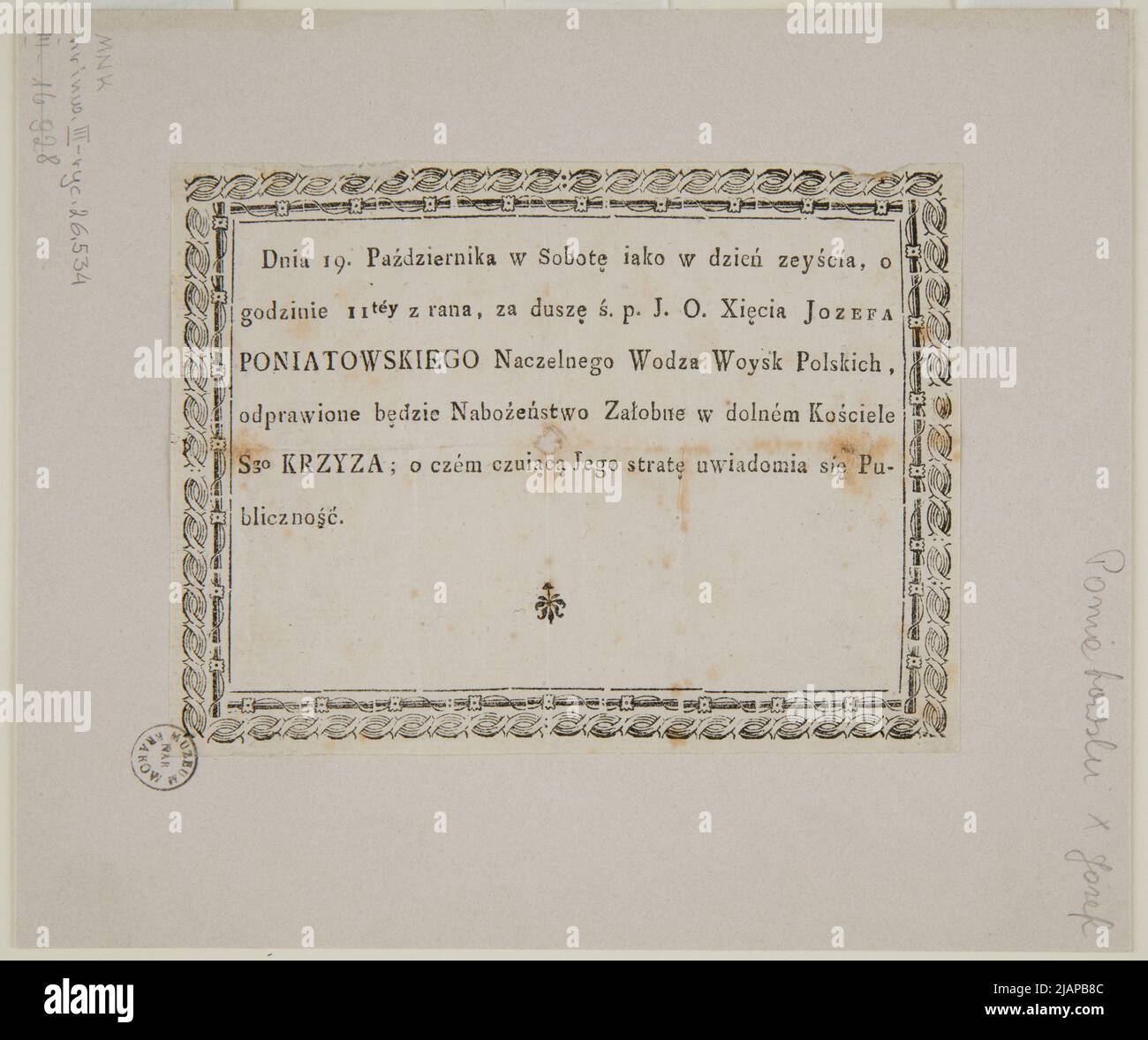 Notification of a funeral service for the soul of Prince Józef ...