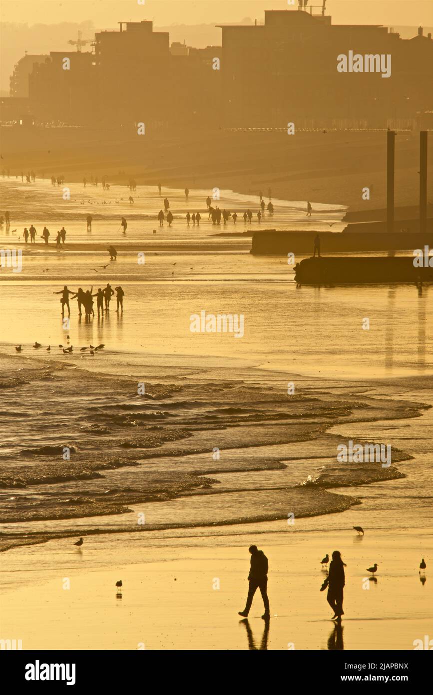 Silhouetted shapes of people on the beach at low tide, Brighton & Hove ...