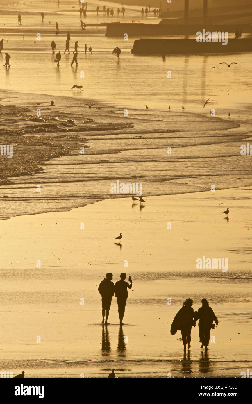 Silhouetted shapes of friends together and other people on the beach at ...