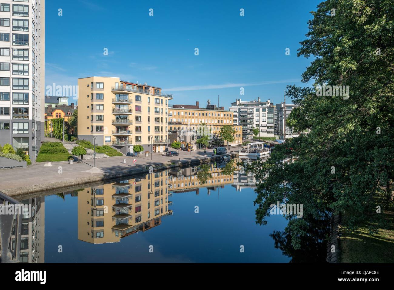 Summer morning by river Stangan in the centre of Linkoping. Linkoping ...