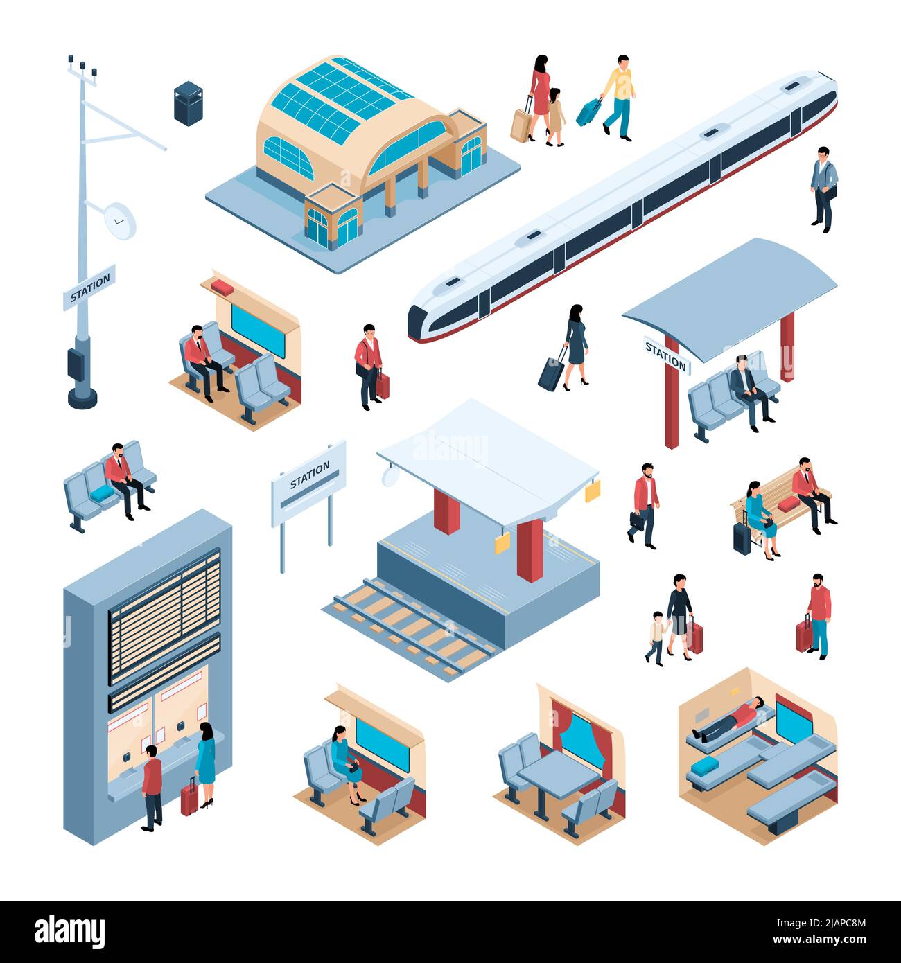 Railway isometric icons set of station building schedule board modern ...