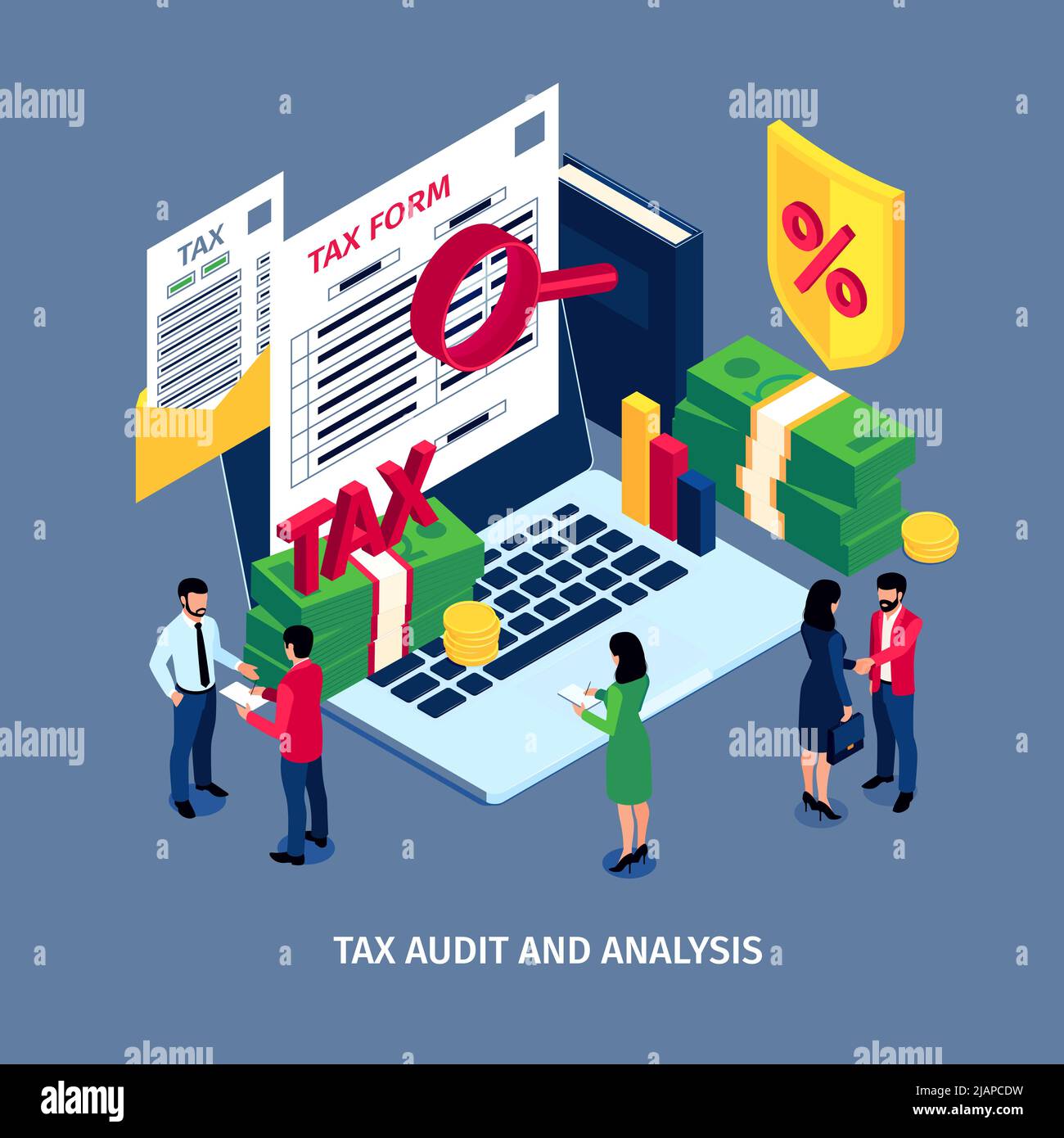 Tax audit and analysis color background with laptop tax form under ...