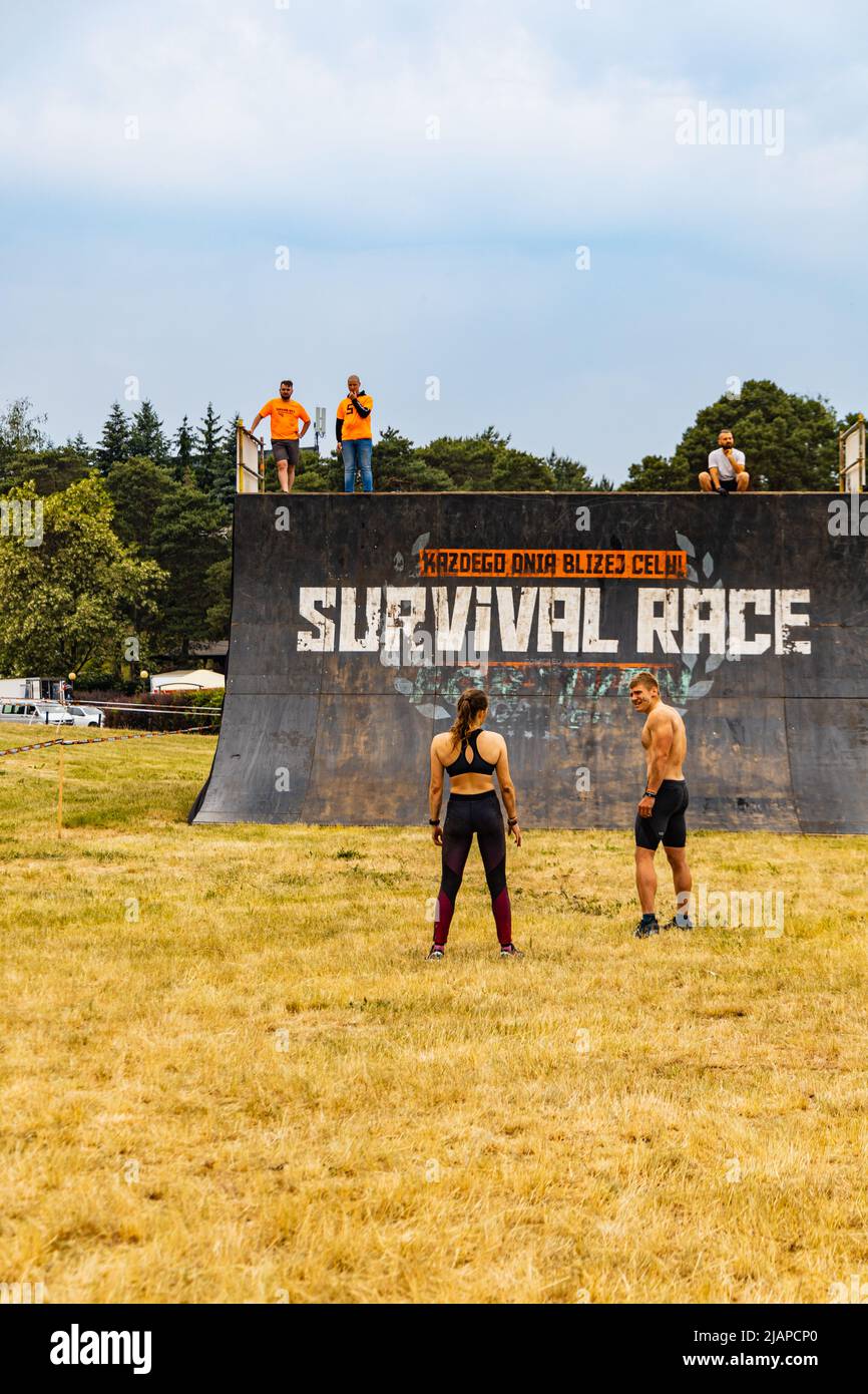 Poznan, Poland - June 2021: An hard extreme obstacle course Survival Race at rainy day Stock ...