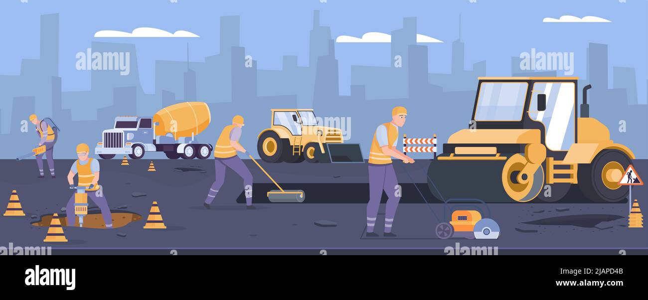 Road surface background with pavement repair technology symbols flat ...