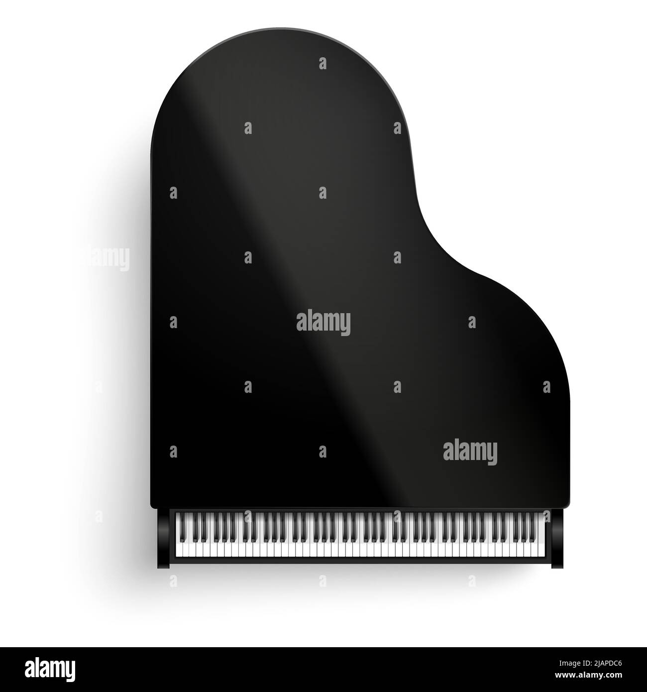 Top view of classical black grand piano with open keyboard on white ...