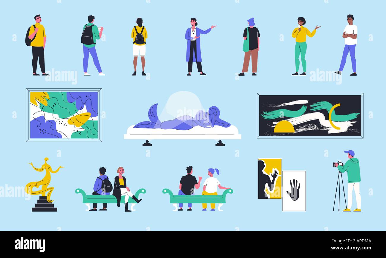 Art gallery flat color set of modern abstract paintings visitors and ...