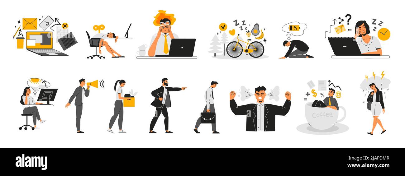 Professional burnout syndrome flat set aggressive or exhausted male and ...