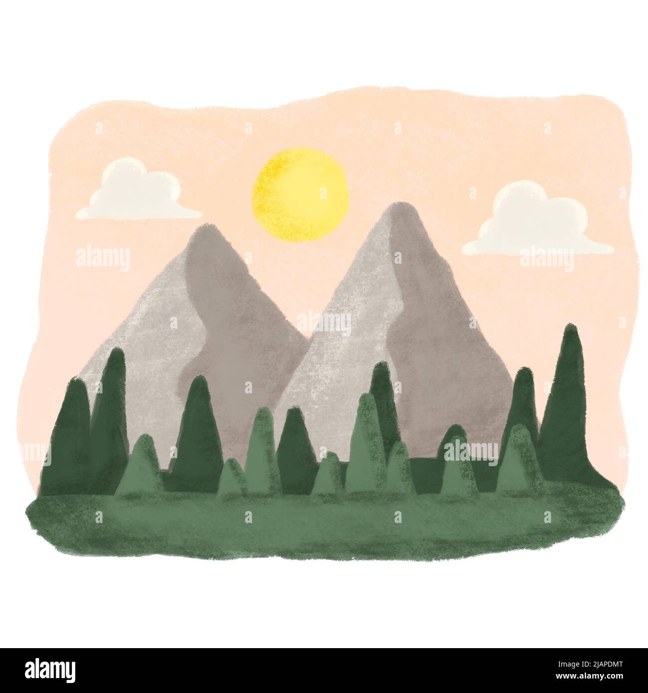 Sun set behind Mountains Sunset Landscape Drawing with Texture Stock Photo - Alamy
