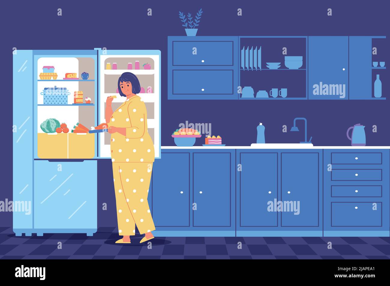 Nightly Overeating And Gluttony Background With Fat Woman Eating Near