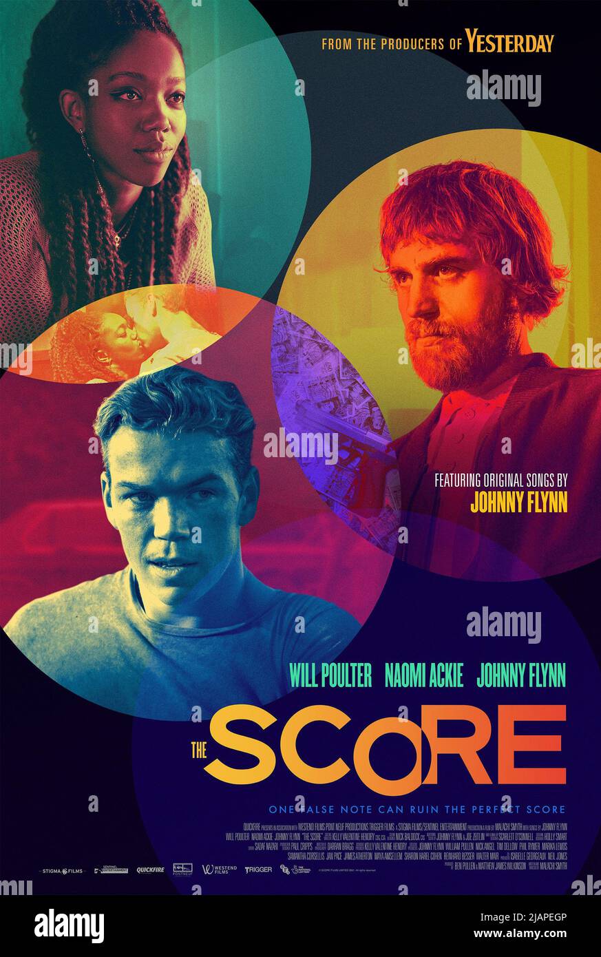 THE SCORE, poster, from top: Naomi Ackie, Johnny Flynn, Will Poulter ...