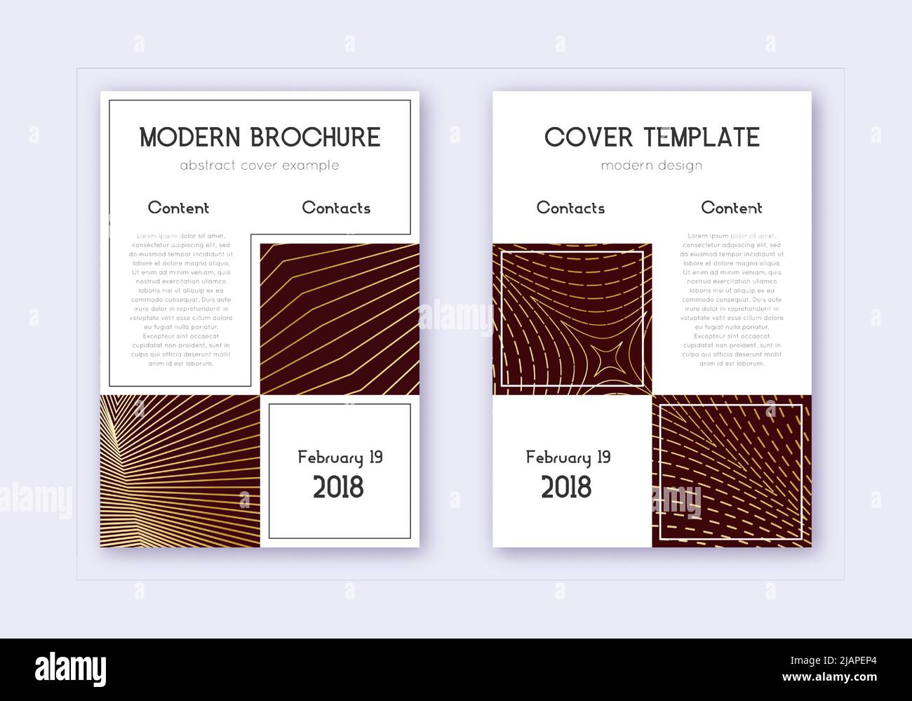 Business cover design template set. Gold abstract lines on maroon ...