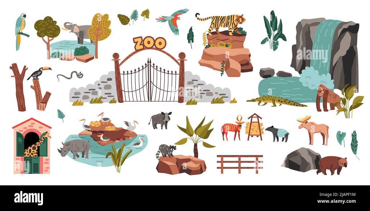 Zoo flat set with animals and birds landscape elements and park items ...