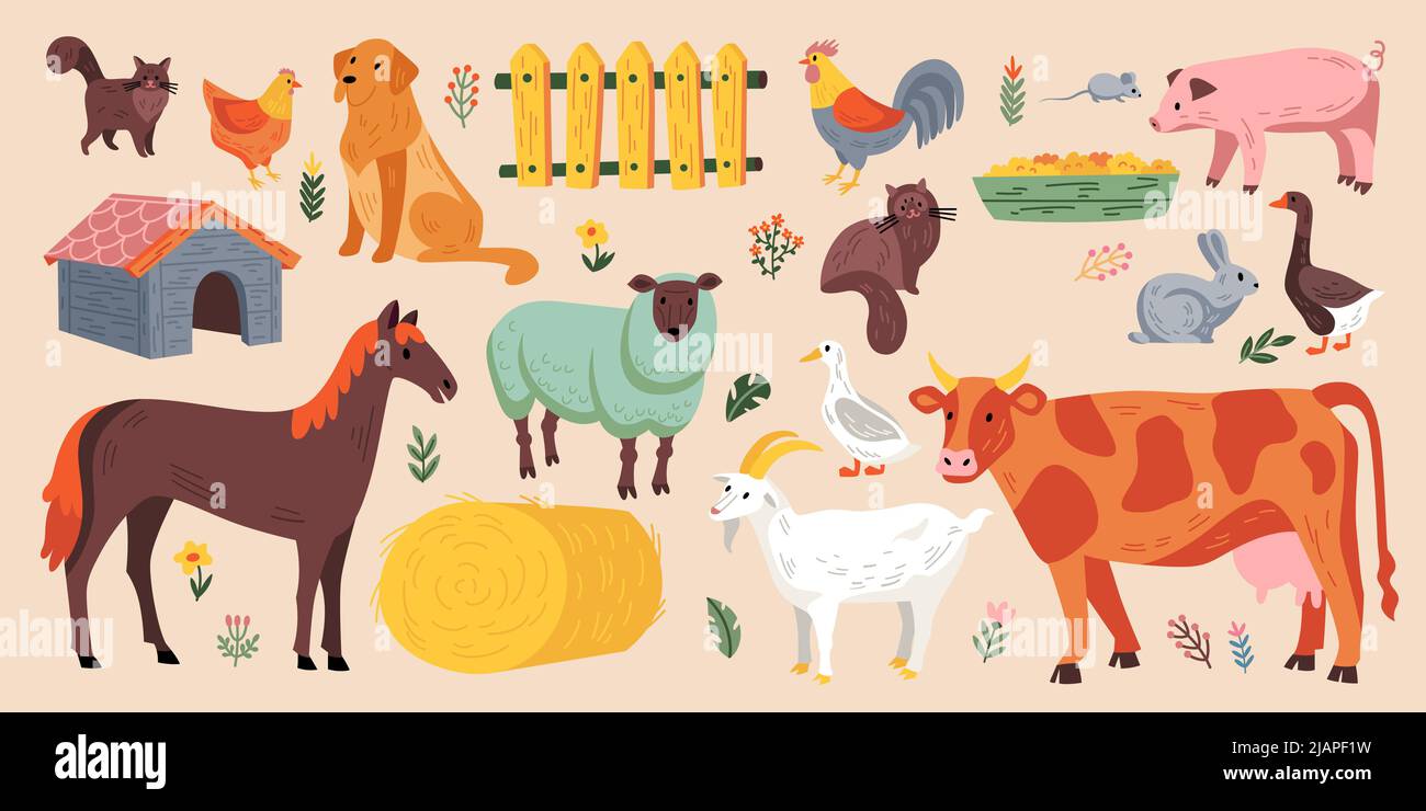 Flat set of farm objects and domestic animals with cattle birds and ...