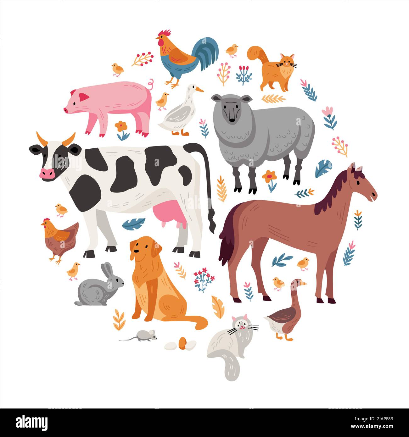 Farm animals birds and pets circle flat composition with cow pig horse ...
