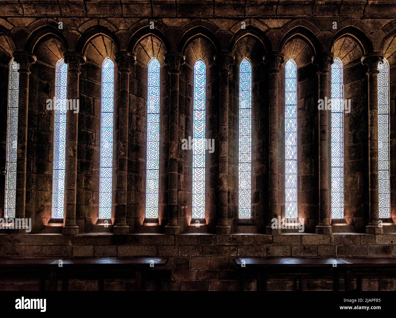 Leaded glass windows in the refectory at Mont St. Michel, Normandy ...