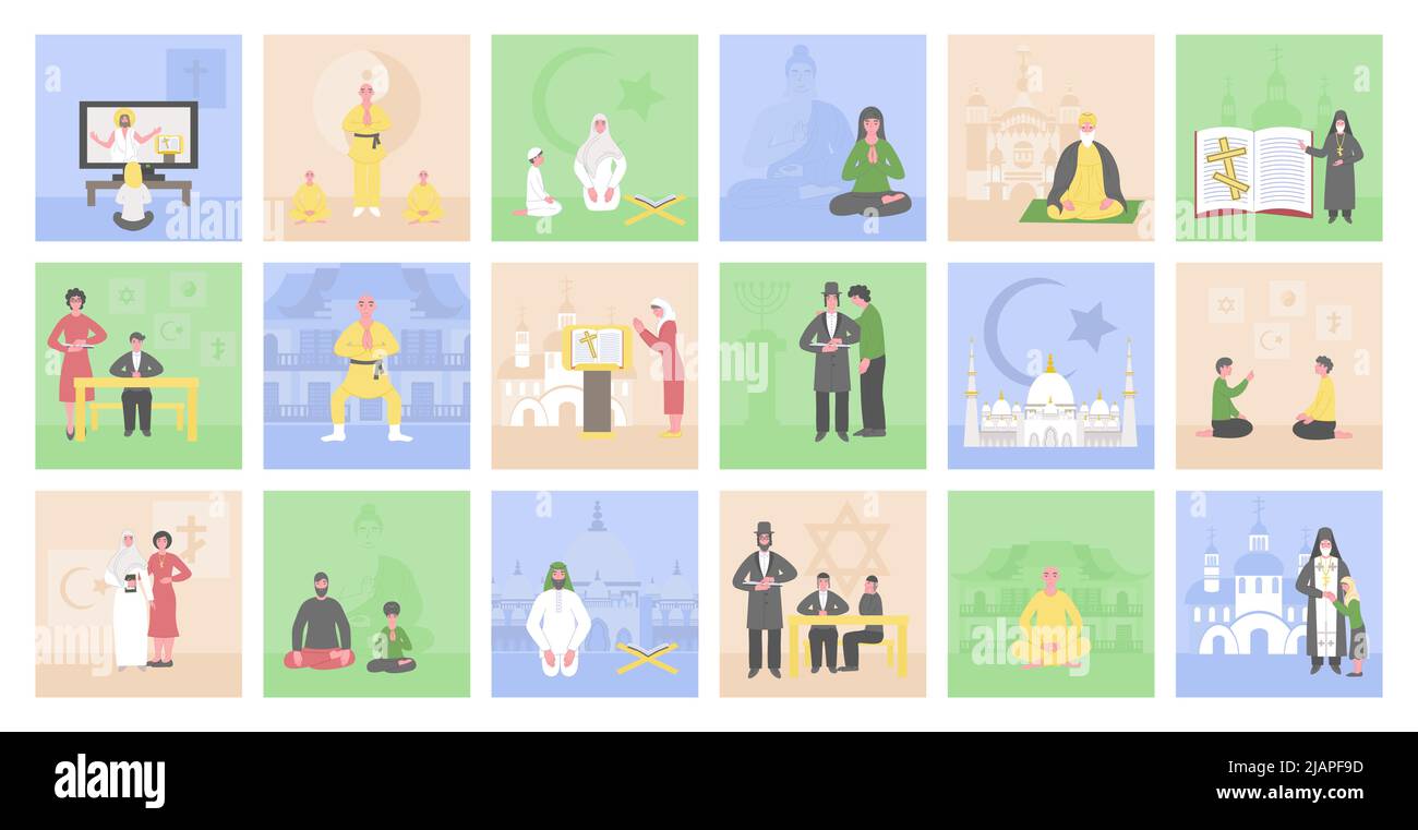 World religions compositions set with flat square compositions of human ...