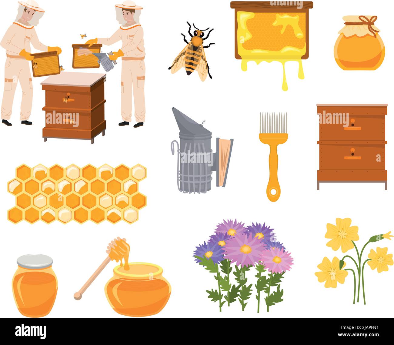Beekeeping flat set with isolated colorful icons of flowers honey in ...