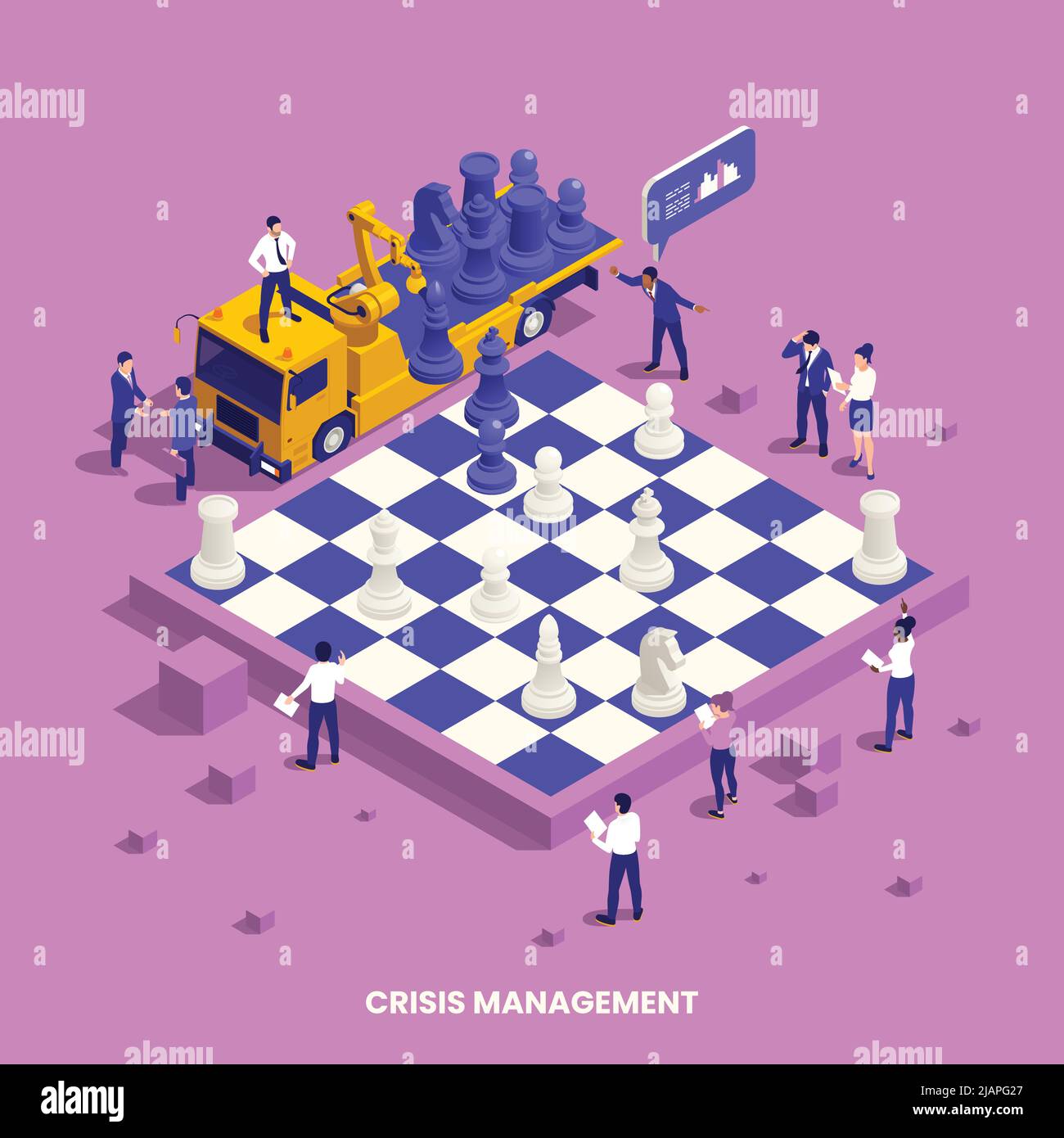 Crisis management isometric concept with business people around chess board vector illustration ...