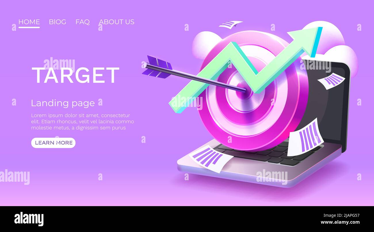 Target laptop finance landing page, banner business 3d icon. Vector ...